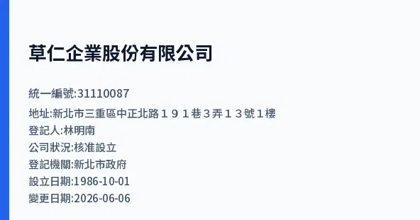 草仁企業股份有限公司的照片-統編 31110087(新北市) 公司登記資料與營業項目詳細圖表