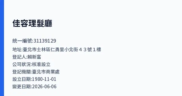 佳容理髮廳的照片-統編 31139129(臺北市) 公司登記資料與營業項目詳細圖表