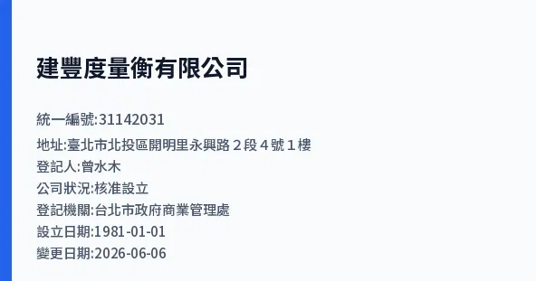 建豐度量衡有限公司的照片-統編 31142031(臺北市) 公司登記資料與營業項目詳細圖表