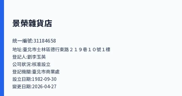 景榮雜貨店的照片-統編 31184658(臺北市) 公司登記資料與營業項目詳細圖表