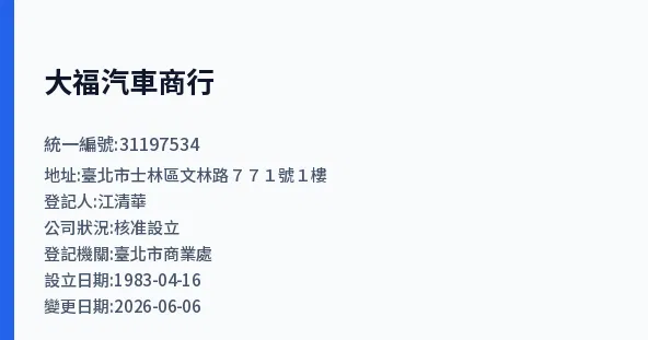 大福汽車商行的照片-統編 31197534(臺北市) 公司登記資料與營業項目詳細圖表