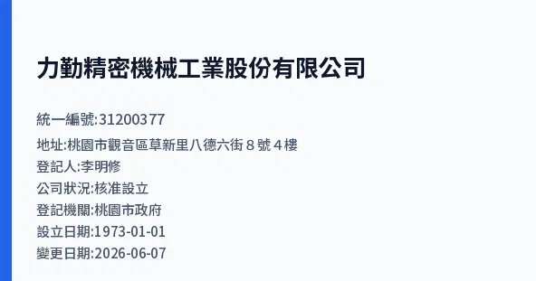 力勤精密機械工業股份有限公司的照片-統編 31200377(桃園市) 公司登記資料與營業項目詳細圖表
