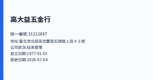 高大益五金行的照片-統編 31212887(臺北市) 公司登記資料與營業項目詳細圖表