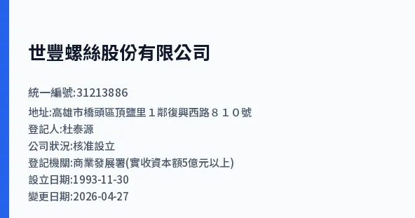 世豐螺絲股份有限公司的照片-統編 31213886(高雄市) 公司登記資料與營業項目詳細圖表