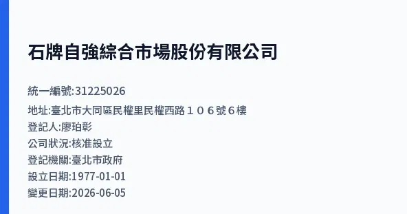石牌自強綜合市場股份有限公司的照片-統編 31225026(臺北市) 公司登記資料與營業項目詳細圖表