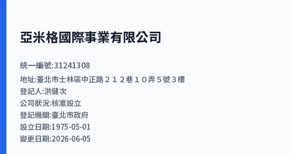 亞米格國際事業有限公司的照片-統編 31241308(臺北市) 公司登記資料與營業項目詳細圖表