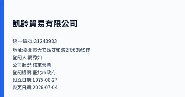 凱齡貿易有限公司的照片-統編 31248983(臺北市) 公司登記資料與營業項目詳細圖表