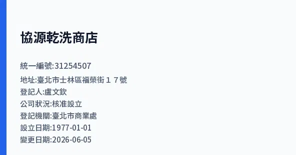 協源乾洗商店的照片-統編 31254507(臺北市) 公司登記資料與營業項目詳細圖表