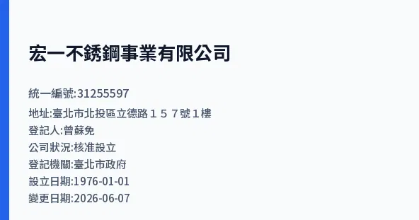 宏一不銹鋼事業有限公司的照片-統編 31255597(臺北市) 公司登記資料與營業項目詳細圖表