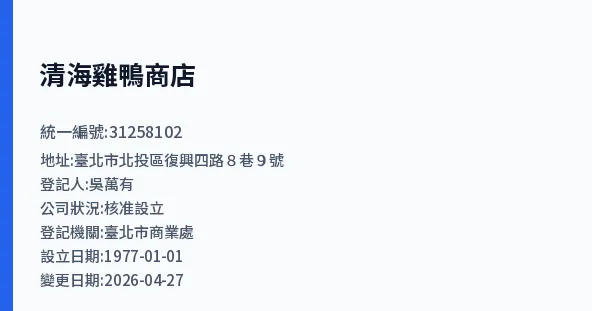清海雞鴨商店的照片-統編 31258102(臺北市) 公司登記資料與營業項目詳細圖表