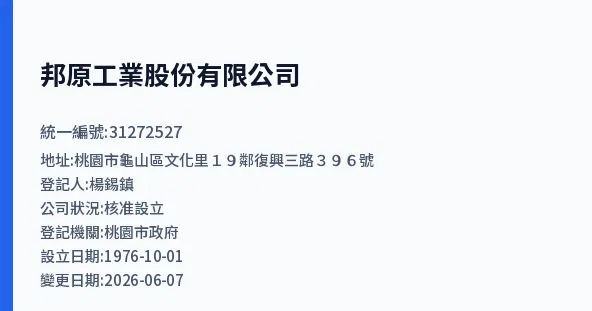 邦原工業股份有限公司的照片-統編 31272527(桃園市) 公司登記資料與營業項目詳細圖表
