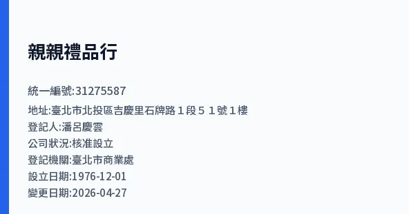 親親禮品行的照片-統編 31275587(臺北市) 公司登記資料與營業項目詳細圖表