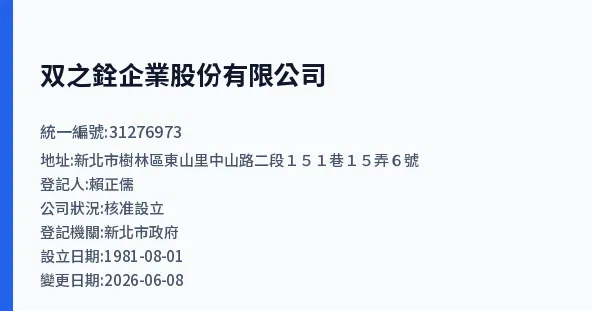 双之銓企業股份有限公司的照片-統編 31276973(新北市) 公司登記資料與營業項目詳細圖表