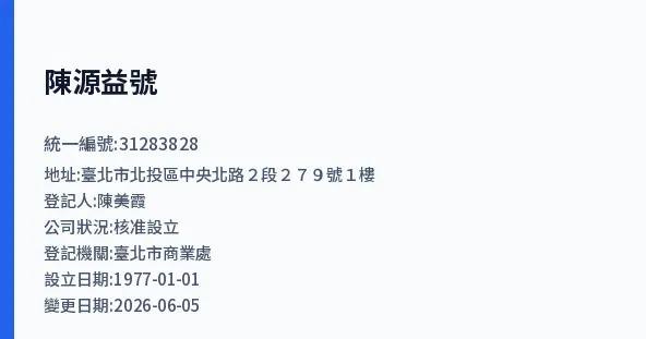陳源益號的照片-統編 31283828(臺北市) 公司登記資料與營業項目詳細圖表