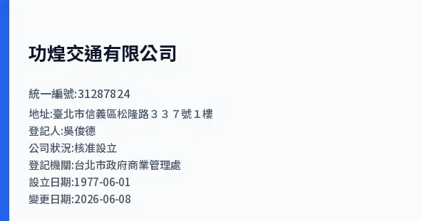 功煌交通有限公司的照片-統編 31287824(臺北市) 公司登記資料與營業項目詳細圖表
