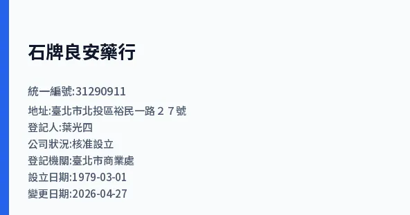 石牌良安藥行的照片-統編 31290911(臺北市) 公司登記資料與營業項目詳細圖表