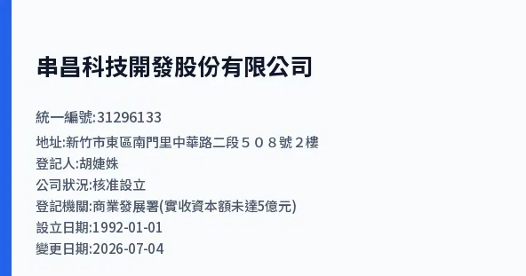 串昌科技開發股份有限公司的照片-統編 31296133(新竹市) 公司登記資料與營業項目詳細圖表