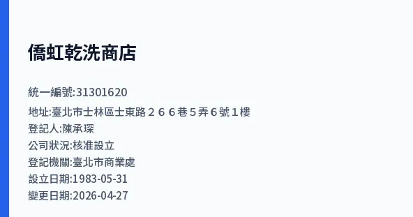 僑虹乾洗商店的照片-統編 31301620(臺北市) 公司登記資料與營業項目詳細圖表