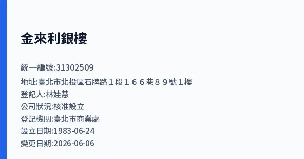 金來利銀樓的照片-統編 31302509(臺北市) 公司登記資料與營業項目詳細圖表