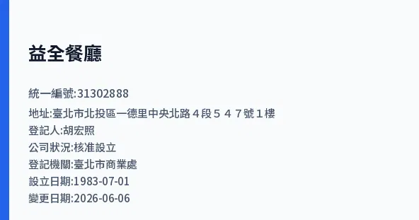 益全餐廳的照片-統編 31302888(臺北市) 公司登記資料與營業項目詳細圖表