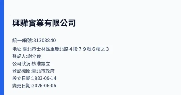 興驊實業有限公司的照片-統編 31308840(臺北市) 公司登記資料與營業項目詳細圖表