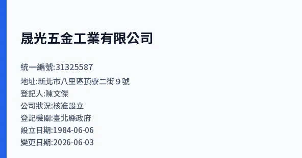 晟光五金工業有限公司的照片-統編 31325587(新北市) 公司登記資料與營業項目詳細圖表