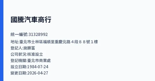 國騰汽車商行的照片-統編 31328992(臺北市) 公司登記資料與營業項目詳細圖表
