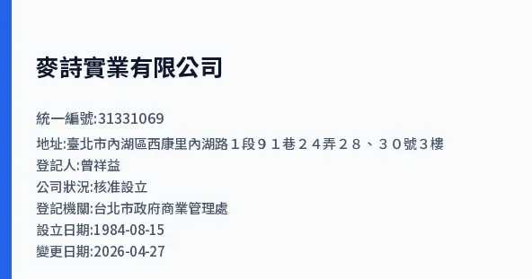 麥詩實業有限公司的照片-統編 31331069(臺北市) 公司登記資料與營業項目詳細圖表