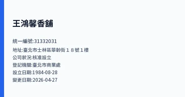 王鴻馨香舖的照片-統編 31332031(臺北市) 公司登記資料與營業項目詳細圖表