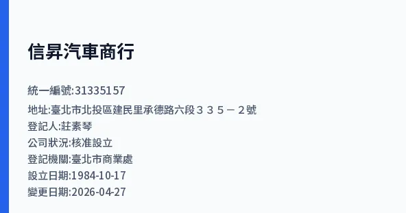 信昇汽車商行的照片-統編 31335157(臺北市) 公司登記資料與營業項目詳細圖表