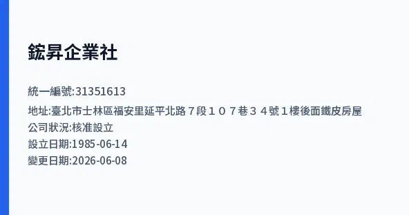 鋐昇企業社的照片-統編 31351613(臺北市) 公司登記資料與營業項目詳細圖表
