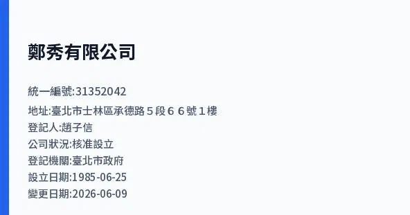 鄭秀有限公司的照片-統編 31352042(臺北市) 公司登記資料與營業項目詳細圖表