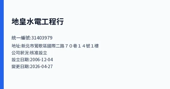 地皇水電工程行的照片-統編 31403979(新北市) 公司登記資料與營業項目詳細圖表