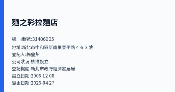 麵之彩拉麵店的照片-統編 31406005(新北市) 公司登記資料與營業項目詳細圖表