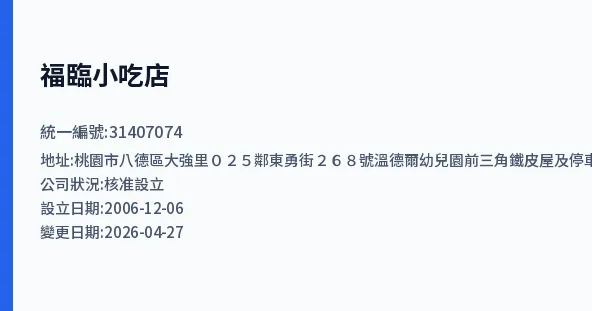 福臨小吃店的照片-統編 31407074(桃園市) 公司登記資料與營業項目詳細圖表