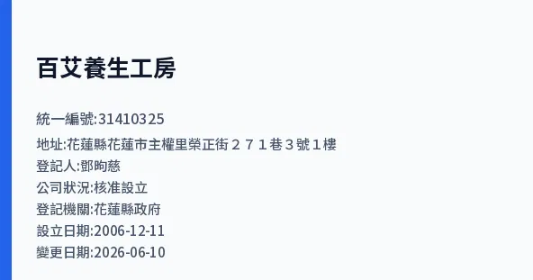 百艾養生工房的照片-統編 31410325(花蓮縣) 公司登記資料與營業項目詳細圖表