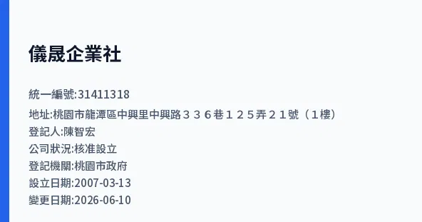 儀晟企業社的照片-統編 31411318(桃園市) 公司登記資料與營業項目詳細圖表