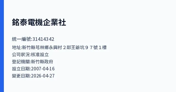 銘泰電機企業社的照片-統編 31414342(新竹縣) 公司登記資料與營業項目詳細圖表