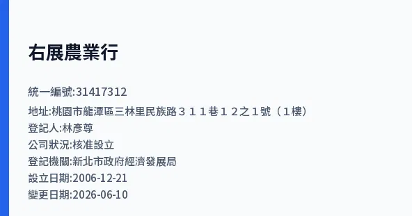 右展農業行的照片-統編 31417312(桃園市) 公司登記資料與營業項目詳細圖表