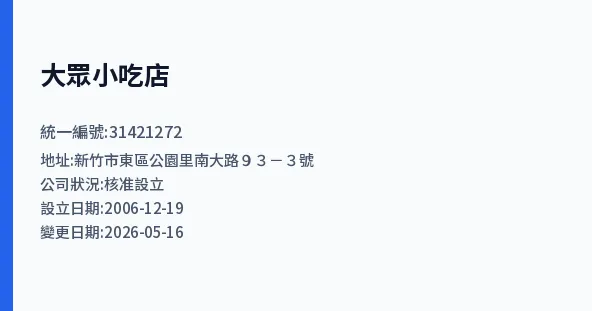 大眾小吃店的照片-統編 31421272(新竹市) 公司登記資料與營業項目詳細圖表