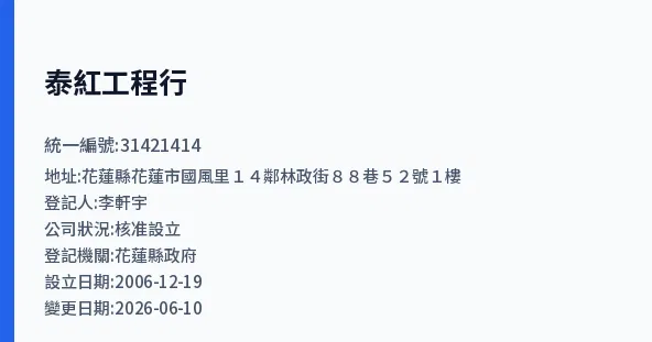 泰紅工程行的照片-統編 31421414(花蓮縣) 公司登記資料與營業項目詳細圖表