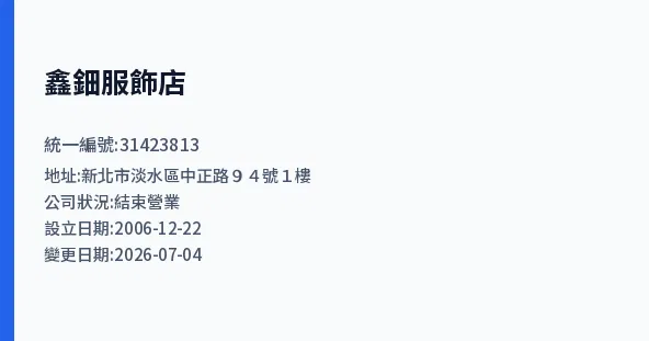 鑫鈿服飾店的照片-統編 31423813(新北市) 公司登記資料與營業項目詳細圖表