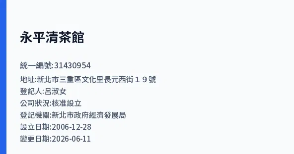 永平清茶館的照片-統編 31430954(新北市) 公司登記資料與營業項目詳細圖表