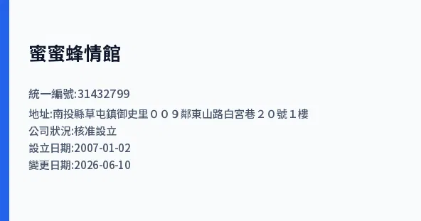 蜜蜜蜂情館的照片-統編 31432799(南投縣) 公司登記資料與營業項目詳細圖表