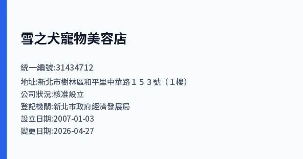 雪之犬寵物美容店的照片-統編 31434712(新北市) 公司登記資料與營業項目詳細圖表