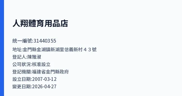 人翔體育用品店的照片-統編 31440355(金門縣) 公司登記資料與營業項目詳細圖表