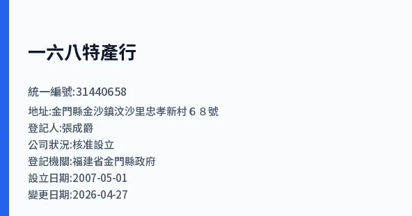 一六八特產行的照片-統編 31440658(金門縣) 公司登記資料與營業項目詳細圖表