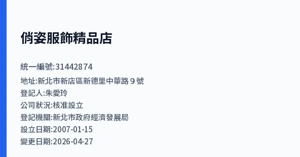 俏姿服飾精品店的照片-統編 31442874(新北市) 公司登記資料與營業項目詳細圖表