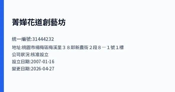 菁嬅花道創藝坊的照片-統編 31444232(桃園市) 公司登記資料與營業項目詳細圖表