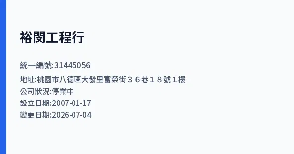 裕閔工程行的照片-統編 31445056(桃園市) 公司登記資料與營業項目詳細圖表